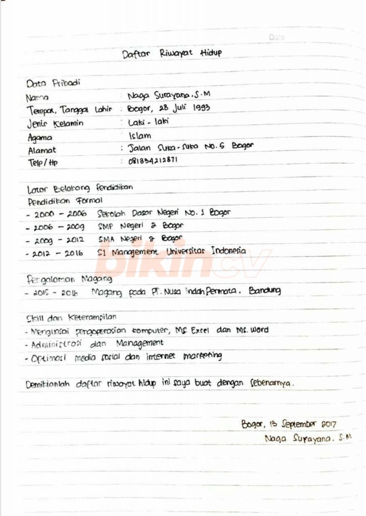 Contoh CV Dengan Tulis Tangan Terbaru - RajaLoker Artikel